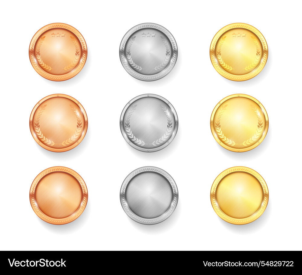 Realistic Medal Set - Gold, Silver, Bronze Vector Image