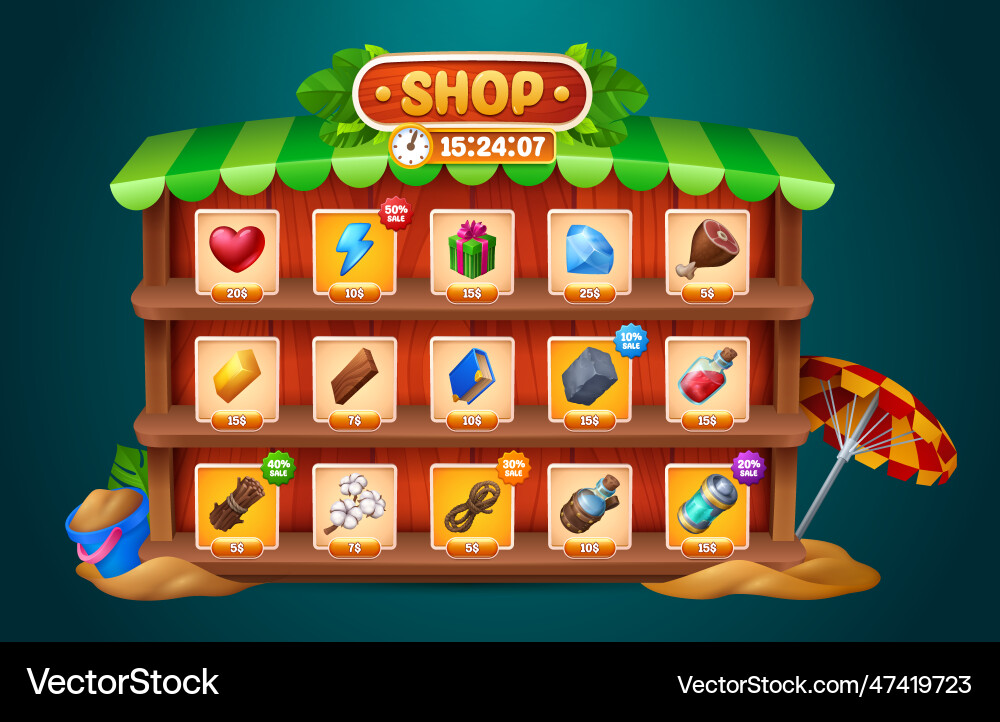 Cartoon game shop window with assets Royalty Free Vector