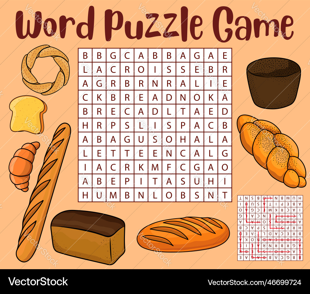 Bread bakery food word search game worksheet Vector Image