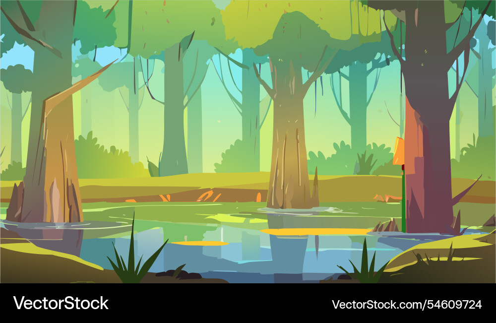 Forest landscape with pond and trees in flat style