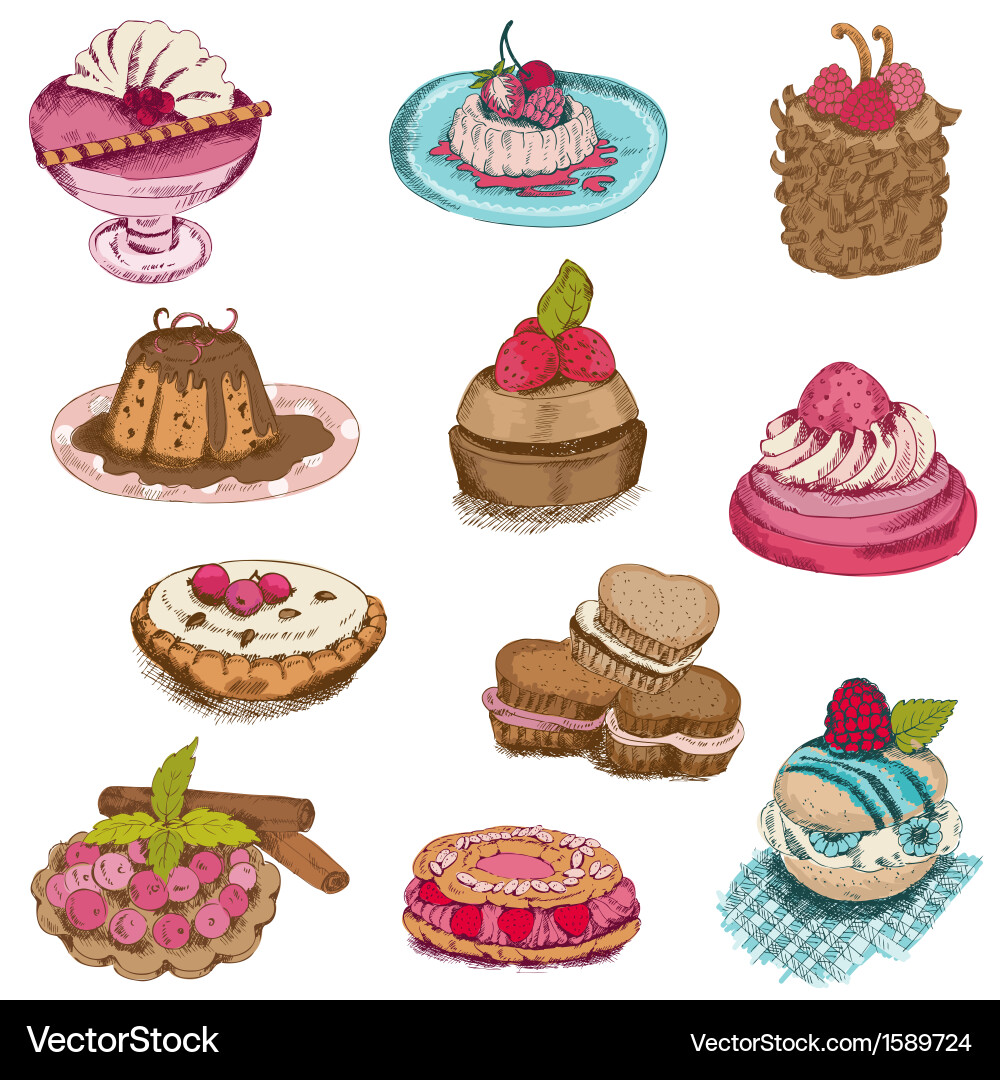 Set of cakes sweets and desserts Royalty Free Vector Image