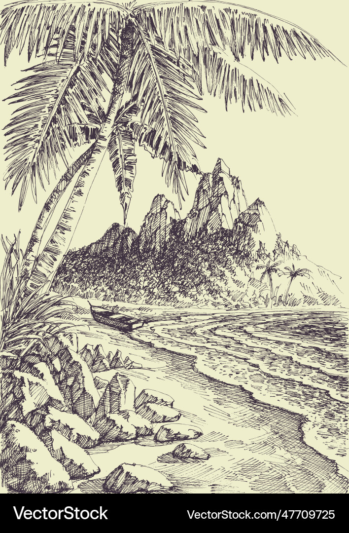 Beach and sea hand drawing palm trees Royalty Free Vector