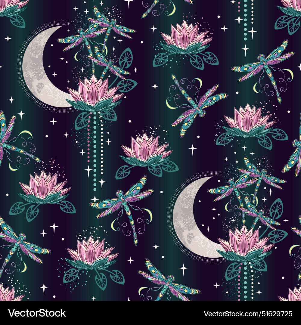 Mystical pattern with lotus dragonflies moon Vector Image