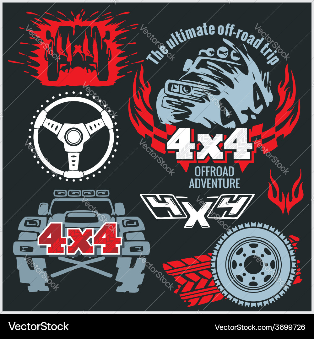 Off-road elements and emblem - set Royalty Free Vector Image