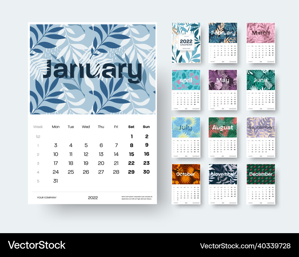 Calendar template for 2022 with tropical twigs Vector Image
