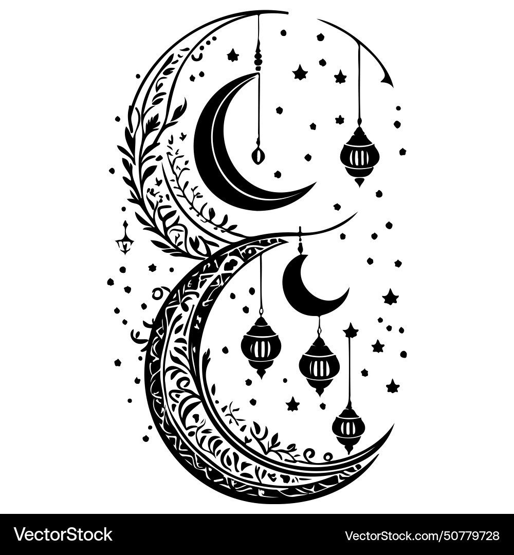 Ramadan lantern hanging crescent moon sketch draw Vector Image