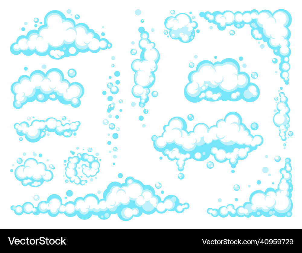Cartoon soap foam set with bubbles light blue Vector Image