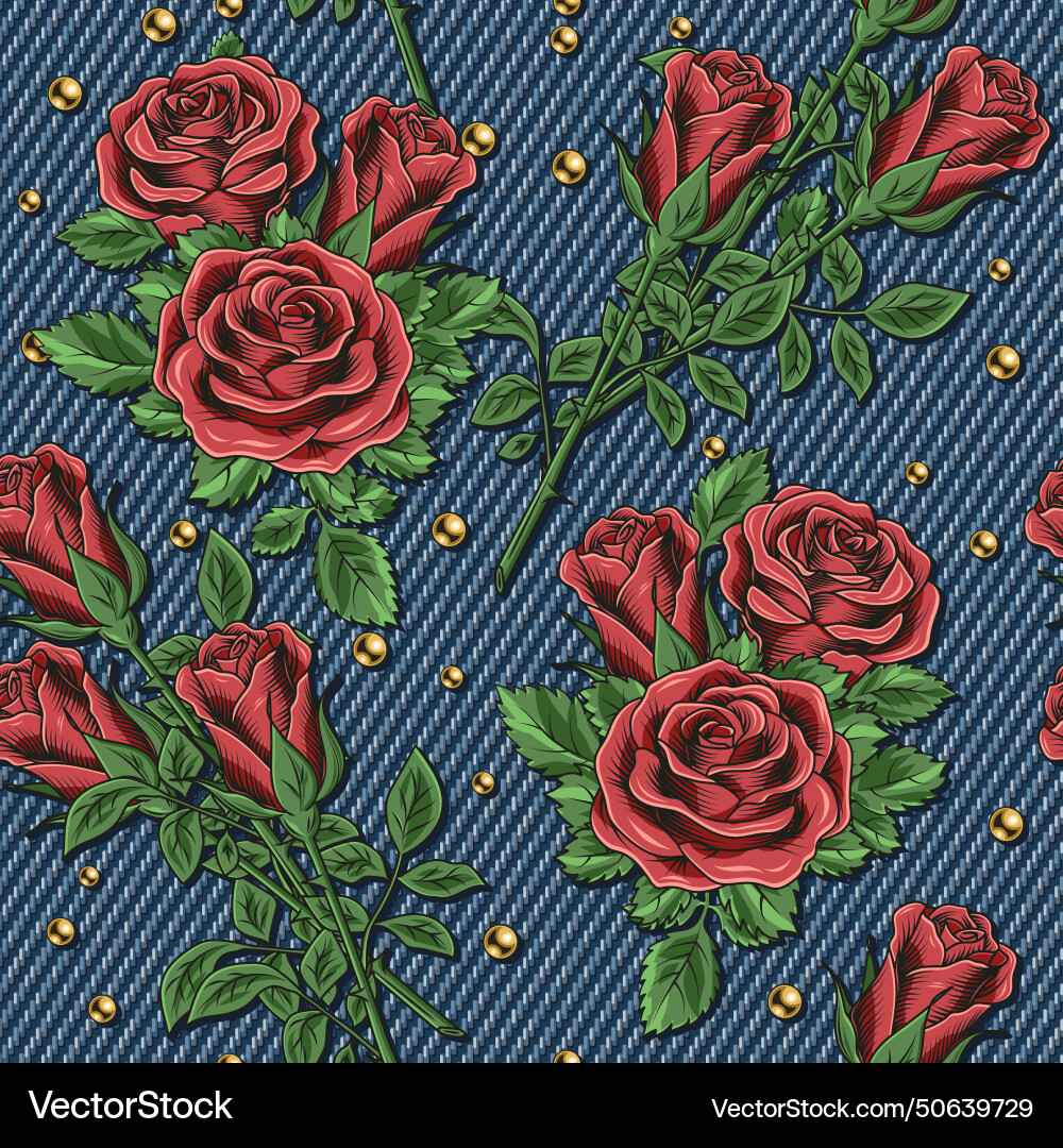 Denim floral seamless pattern with blooming roses Vector Image