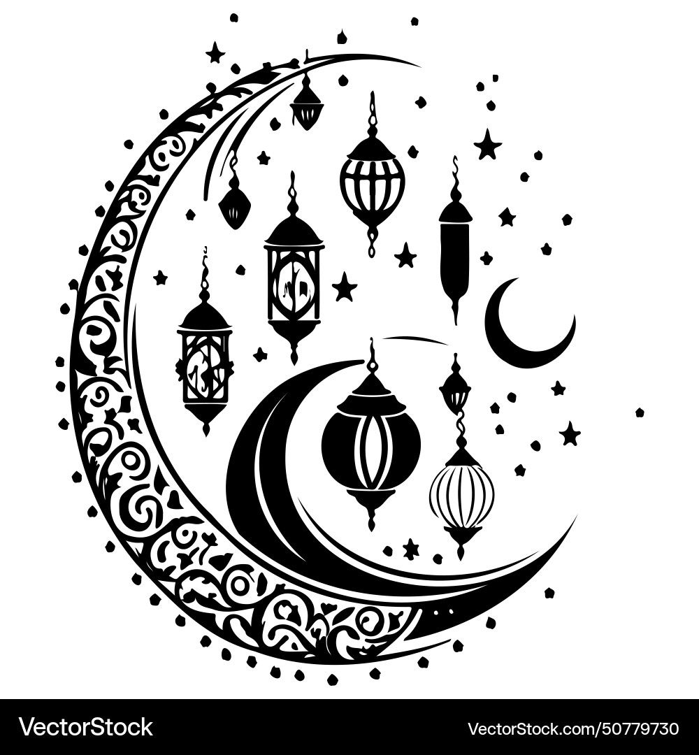 Ramadan lantern hanging crescent moon sketch draw Vector Image