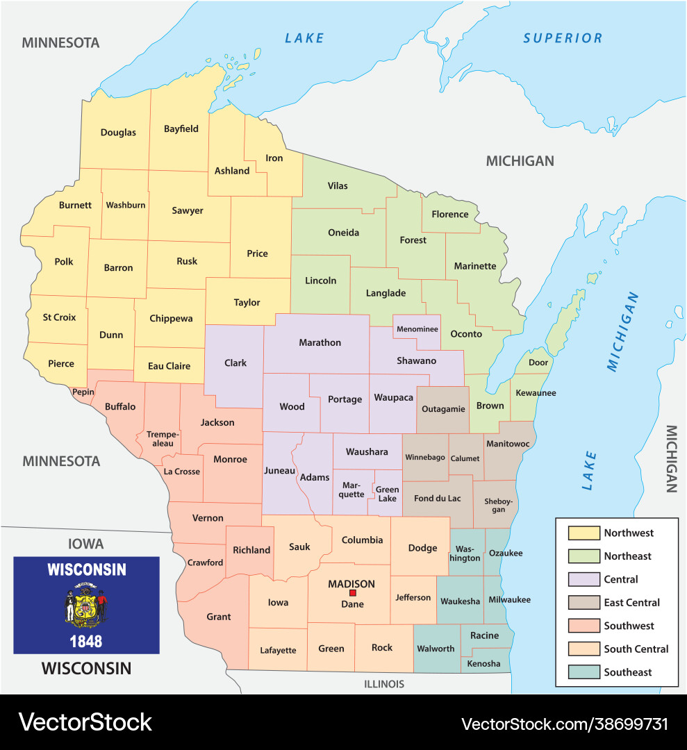 Map regions us state wisconsin Royalty Free Vector Image