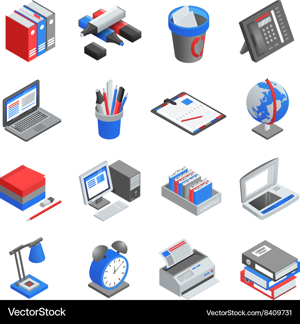 Office tools isometric icons set Royalty Free Vector Image