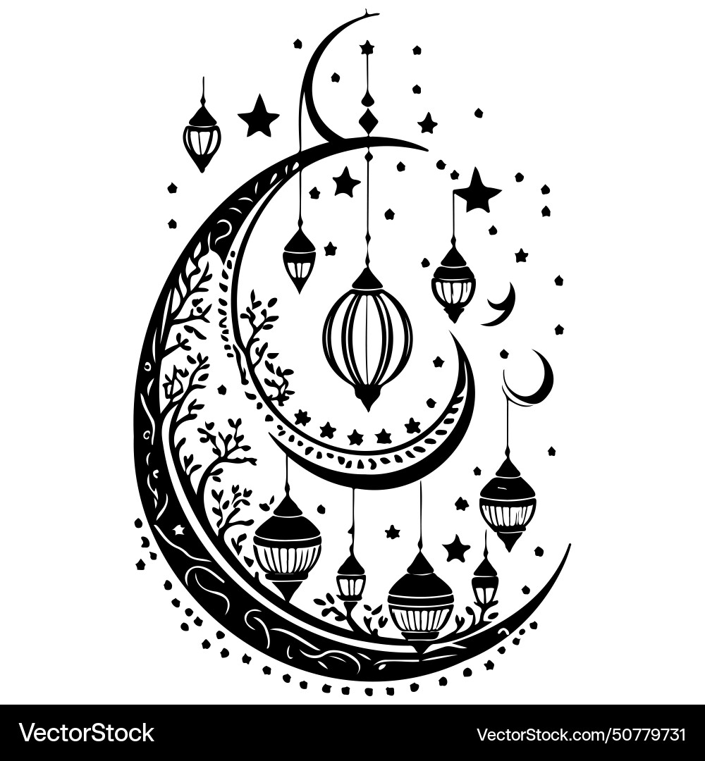 Ramadan lantern hanging crescent moon sketch draw Vector Image
