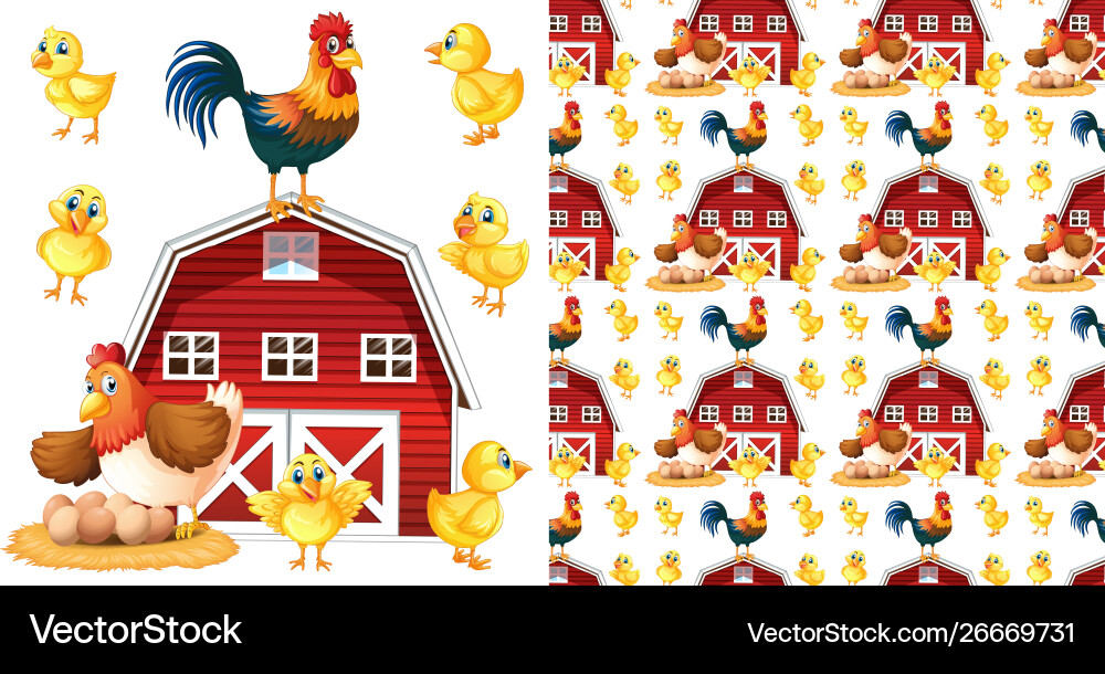 Seamless background design with chickens and barn Vector Image