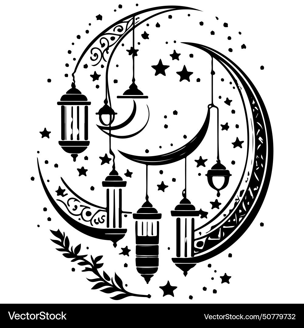 Ramadan lantern hanging crescent moon sketch draw Vector Image