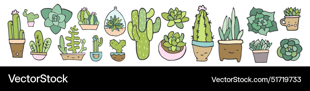 Cute cartoon cacti and succulents in pots doodles Vector Image