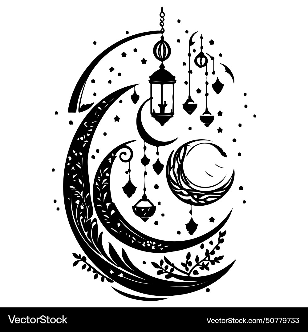Ramadan lantern hanging crescent moon sketch draw Vector Image