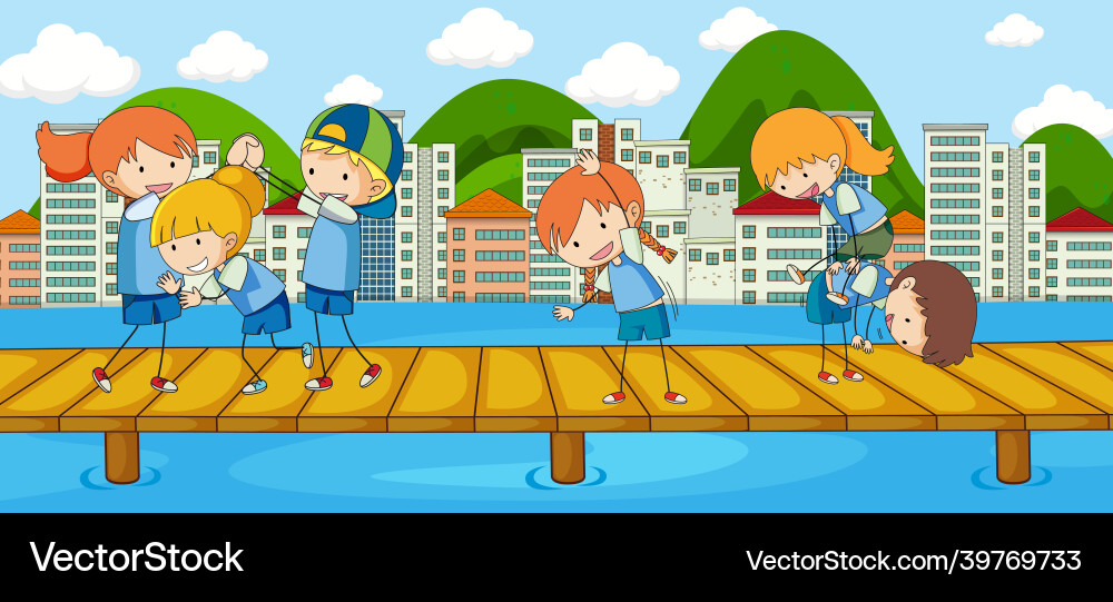 Scene with many dooddle kids cartoon character Vector Image