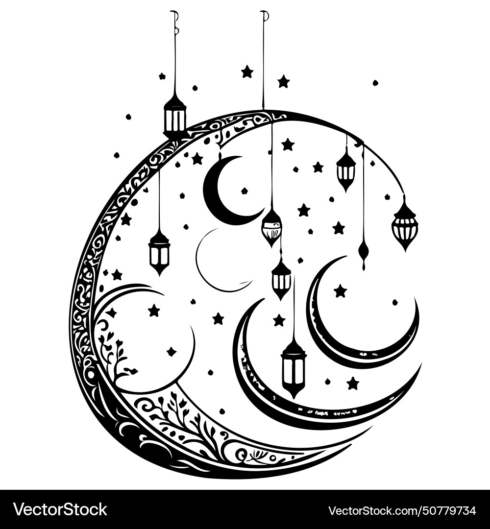 Ramadan lantern hanging crescent moon sketch draw Vector Image