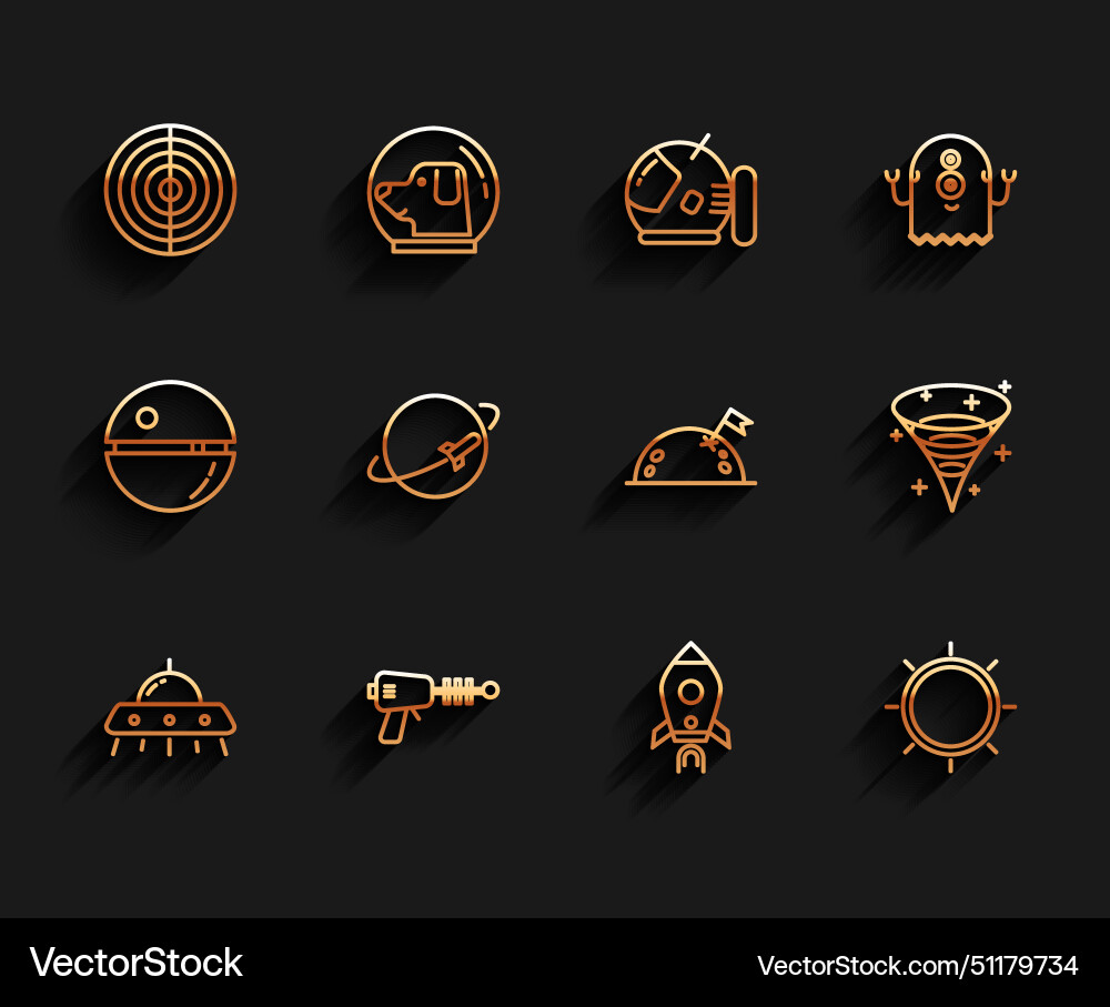 Set line ufo flying spaceship ray gun earth Vector Image