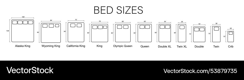 Bed sizes and mattress dimensions pictograms Vector Image