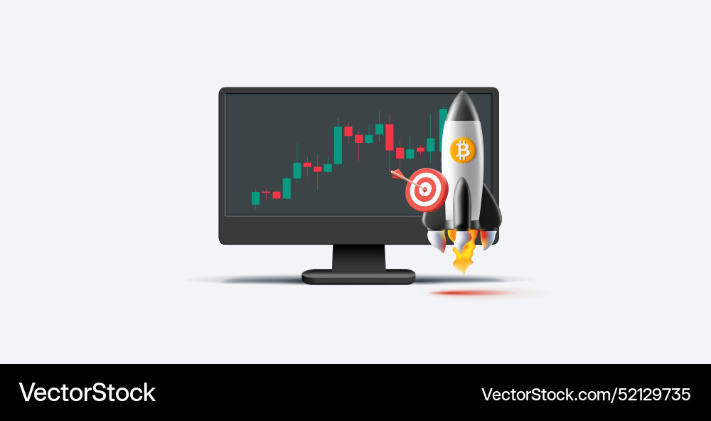 Bitcoin rise as rocket in front of computer Vector Image