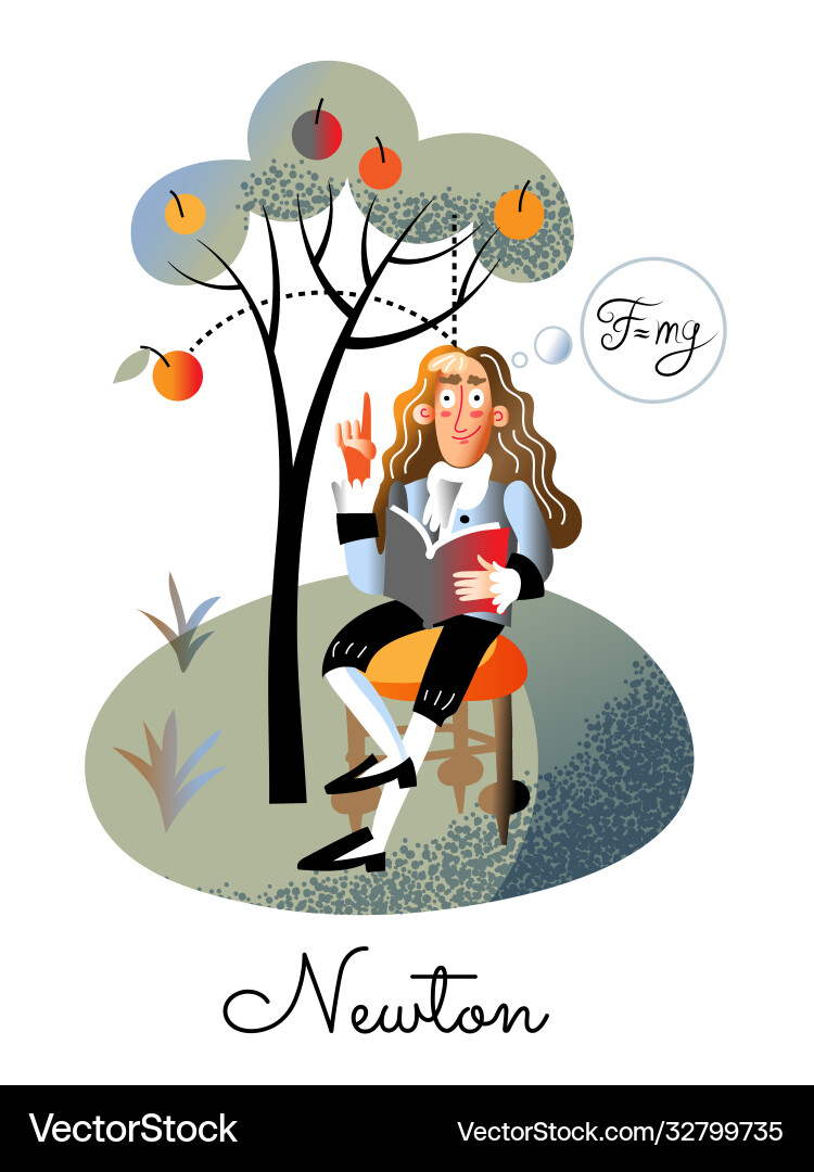 Newton sitting under tree discover gravity low Vector Image