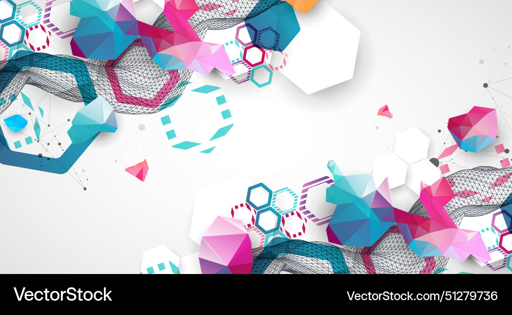 Abstract wave with colorful hexagons and plexus Vector Image