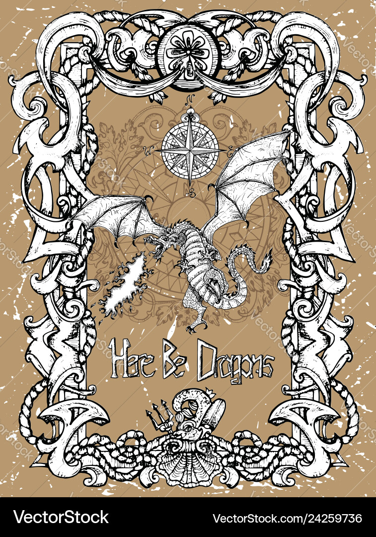 Fable dragon snorting fire with compass Royalty Free Vector