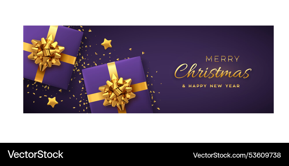 Christmas banner realistic purple gift boxes Vector Image