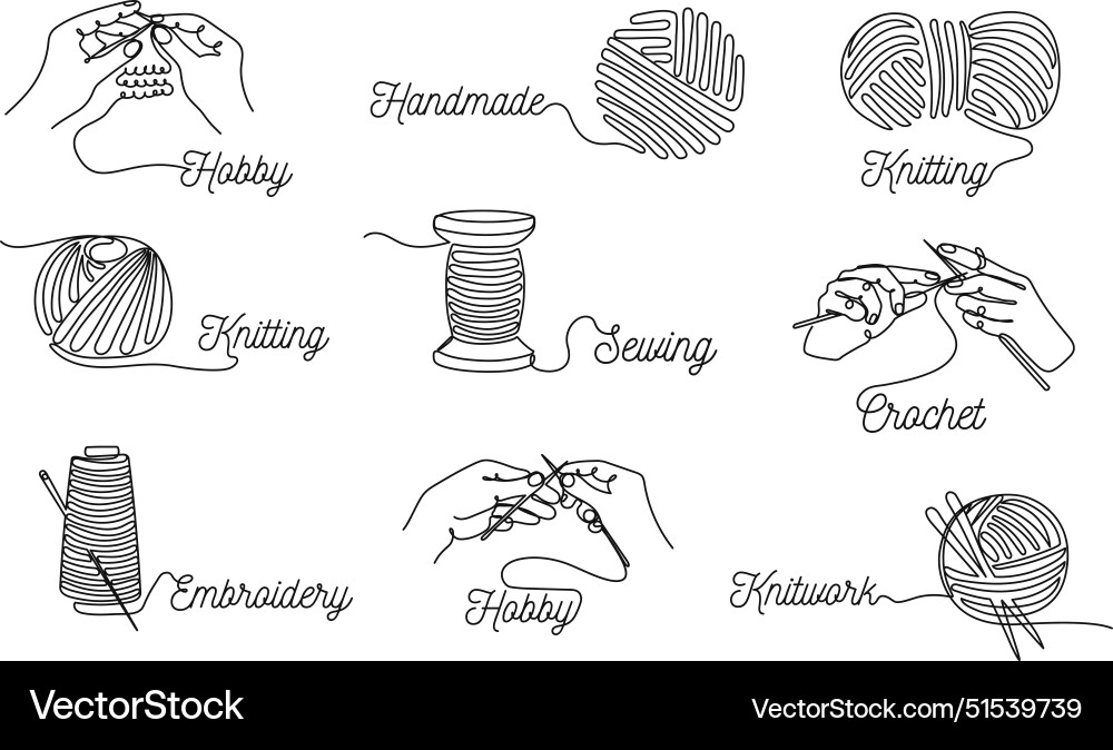 One line sewing and yarn knitting lettering Vector Image