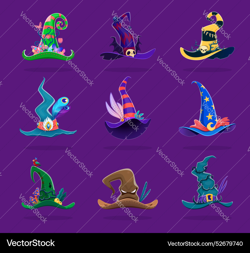 Cartoon halloween witch hats pointed caps set Vector Image