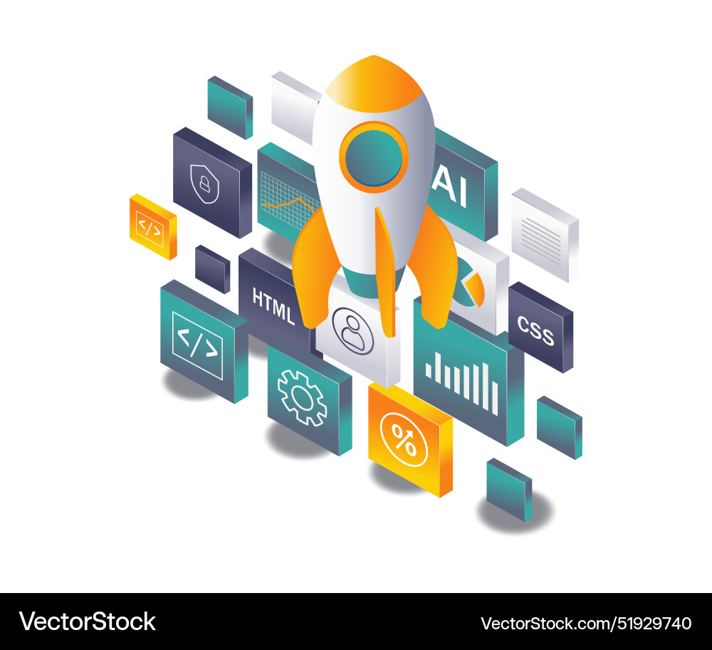 Startup launches new app update flat isometric Vector Image Startup launches new app update flat isometric Vector Image