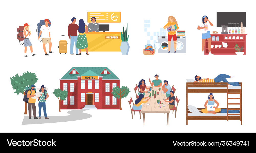 Hostel cartoon character set flat isolated Vector Image