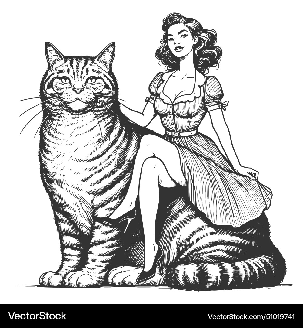 Lady with her majestic cat engraving Royalty Free Vector
