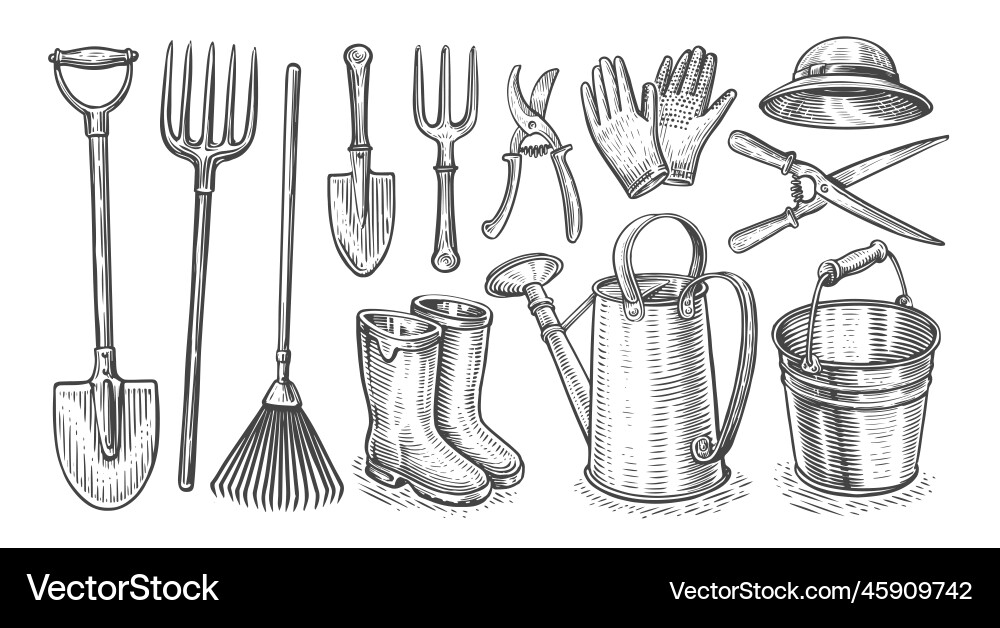 Garden equipment pitchfork shovel rake Royalty Free Vector