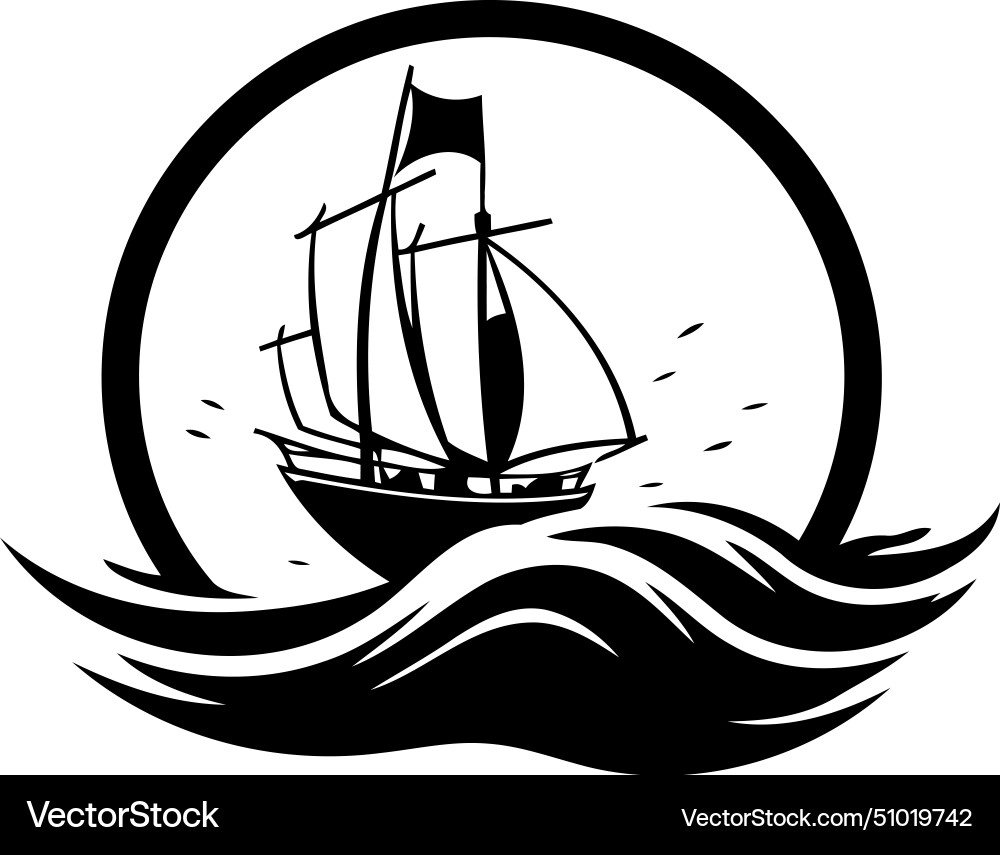 Sailing ship icon on the sea waves background Vector Image