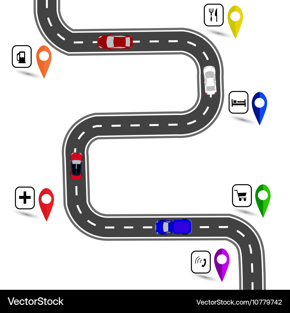 Winding road with stops signs the path specifies Vector Image