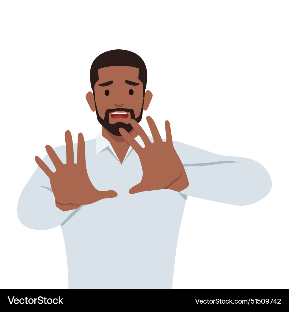 Young man fear expression while opened mouth stop Vector Image