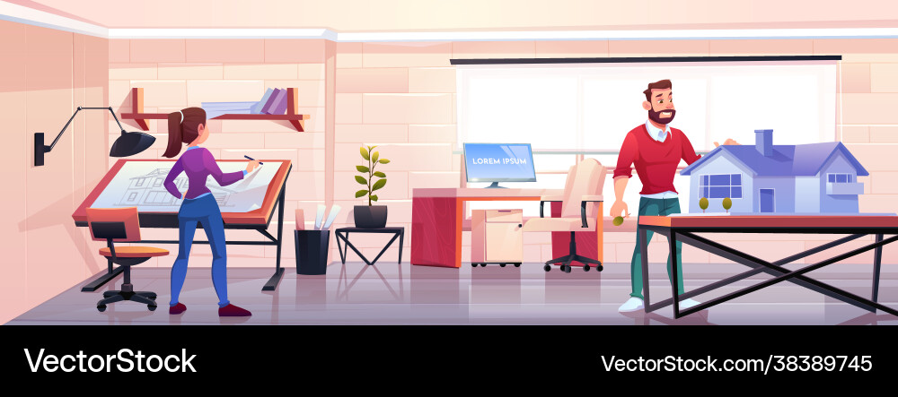 Architects working in office building project Vector Image