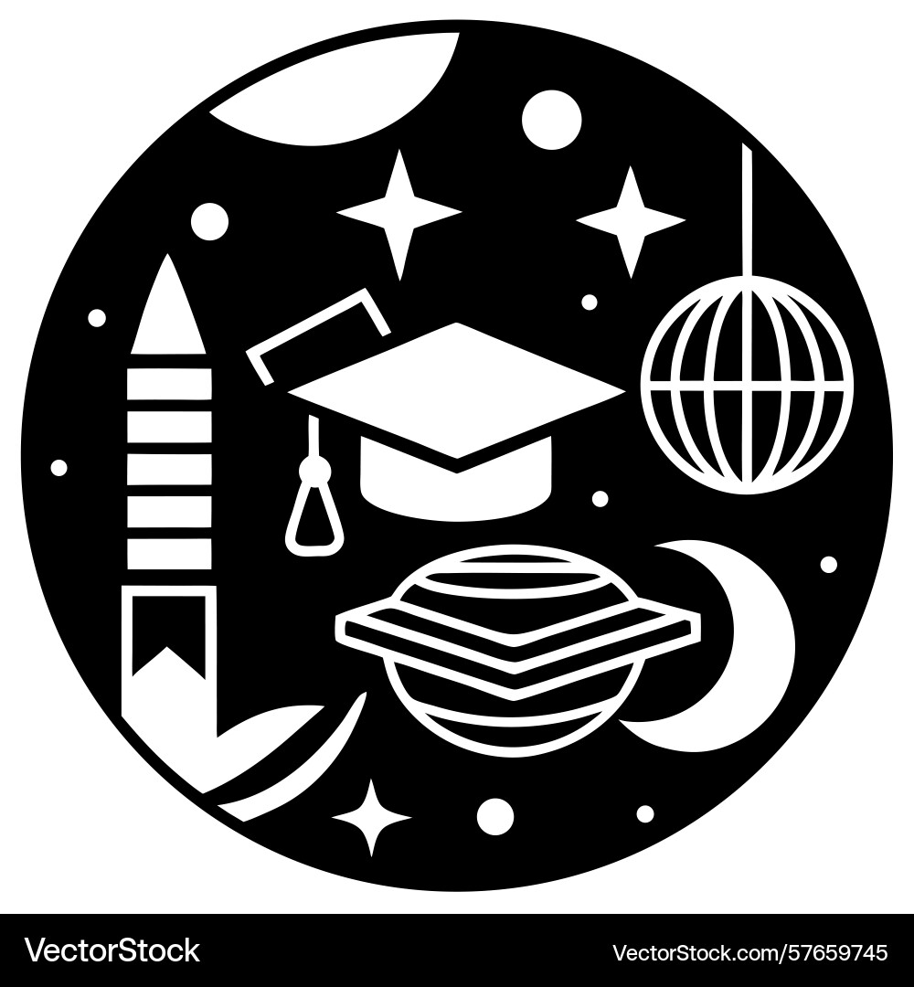Graduation rocket moon disco ball stars Royalty Free Vector