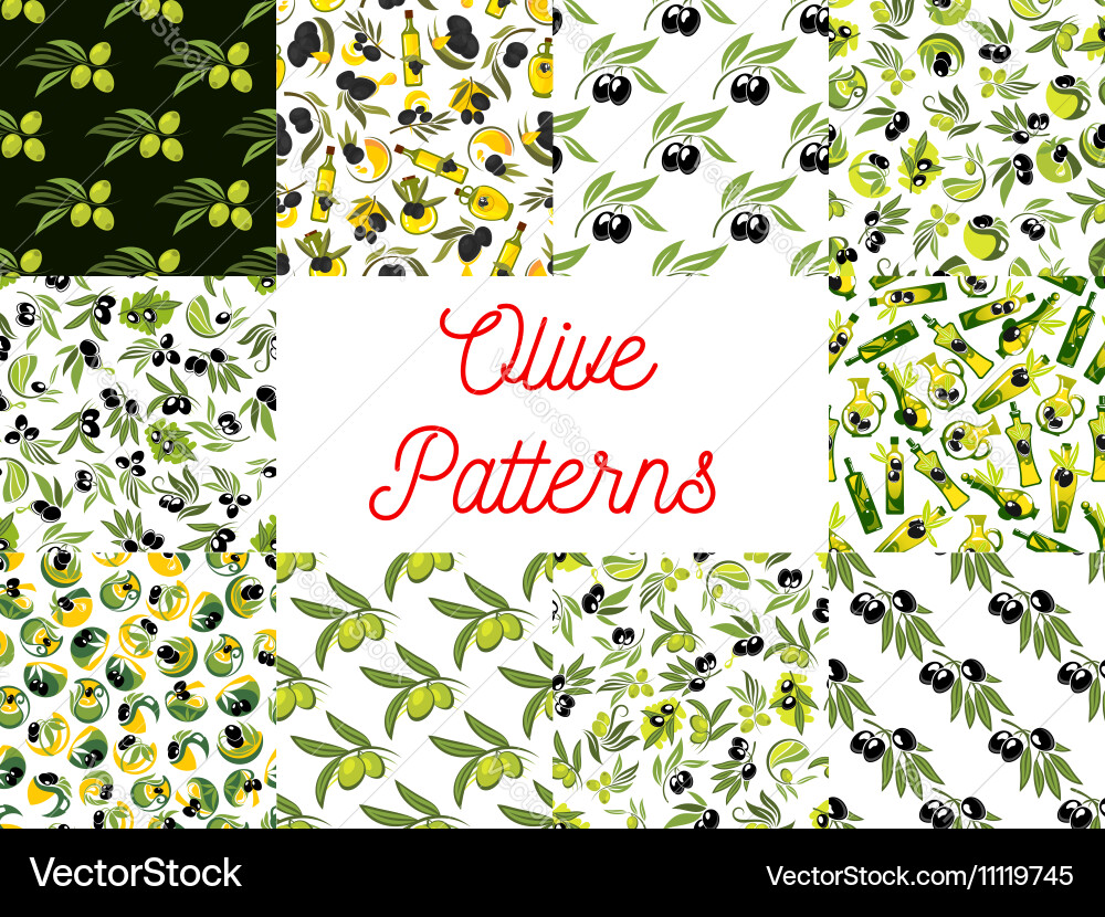 Olive fruits with oil seamless patterns set Vector Image
