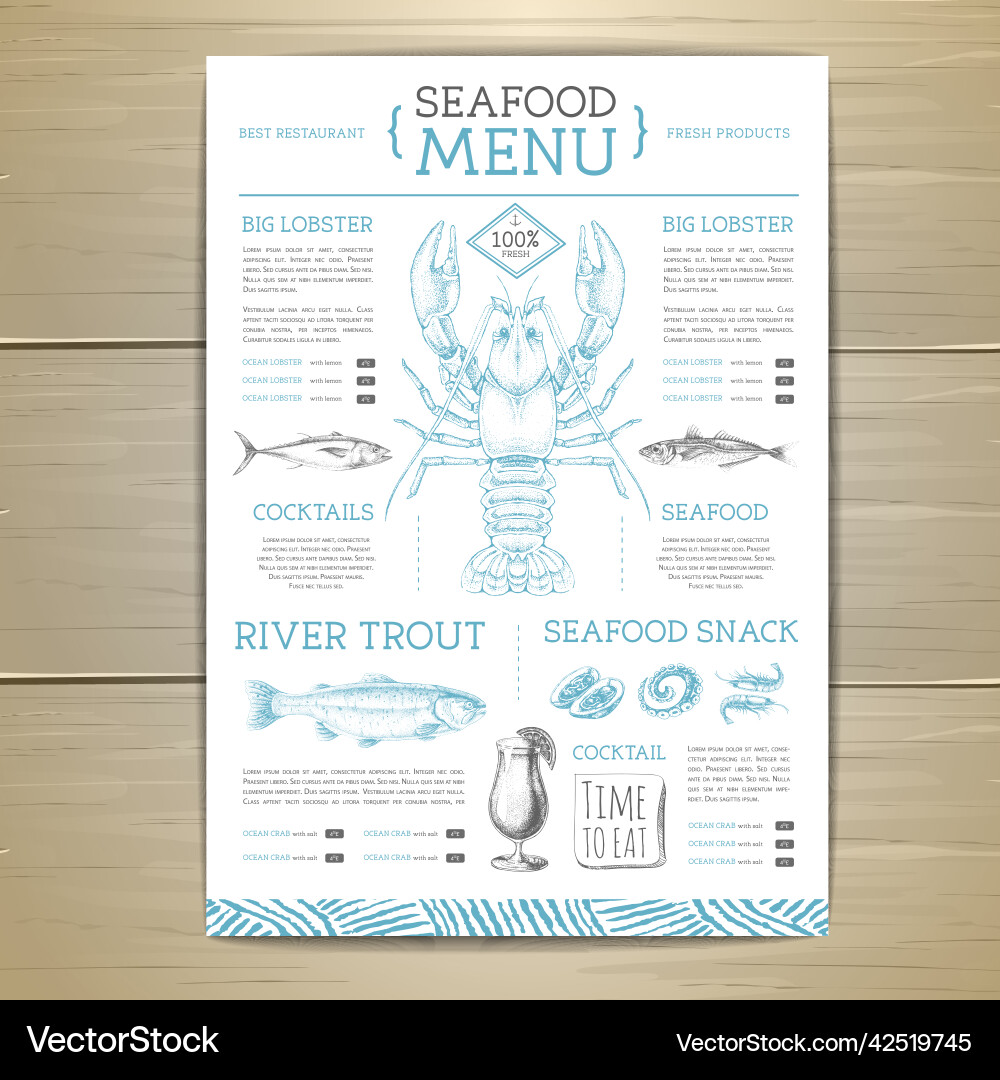 Seafood restaurant menu design Royalty Free Vector Image