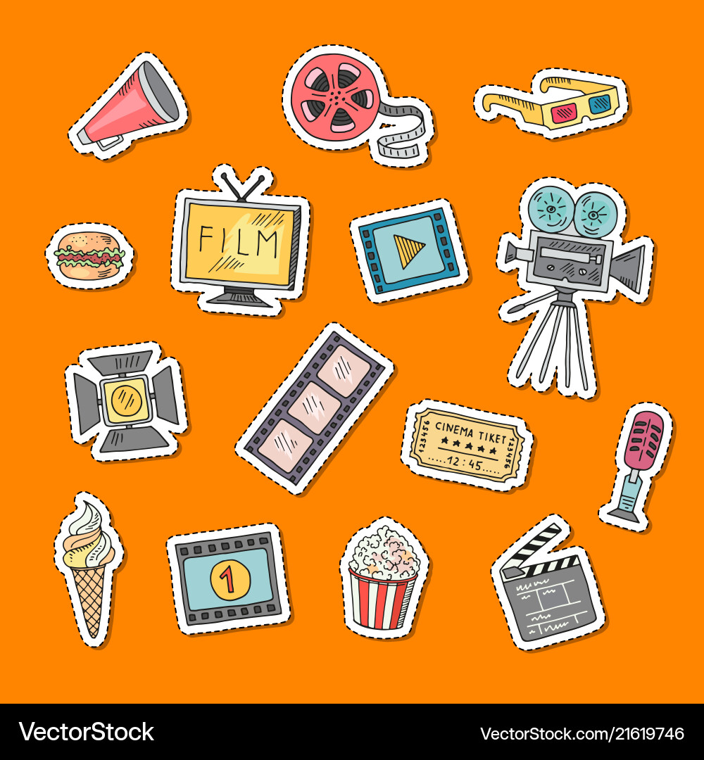 Cinema doodle icons stickers set Royalty Free Vector Image