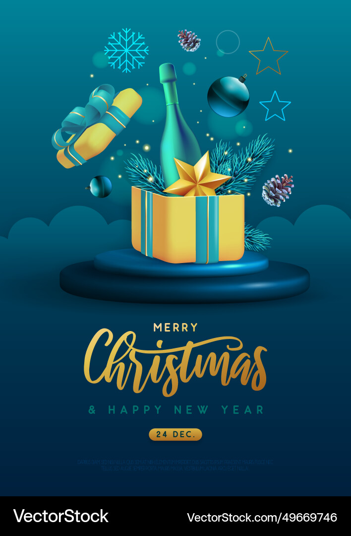 Merry christmas holiday poster with 3d champagne Vector Image