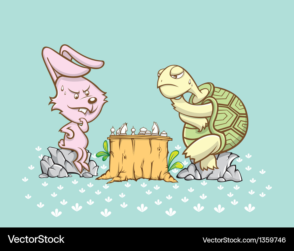 Rabbit and turtle are playing a chess game Vector Image