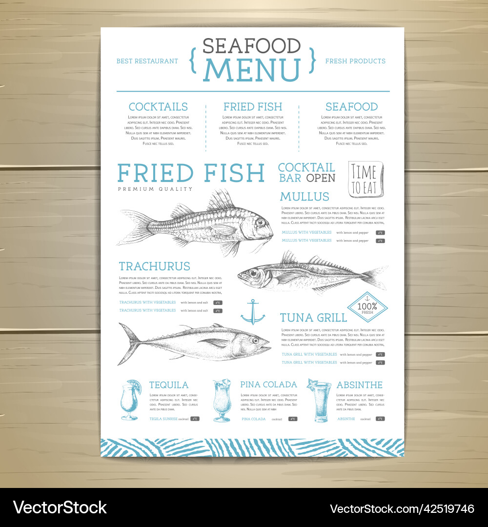 Seafood restaurant menu design Royalty Free Vector Image
