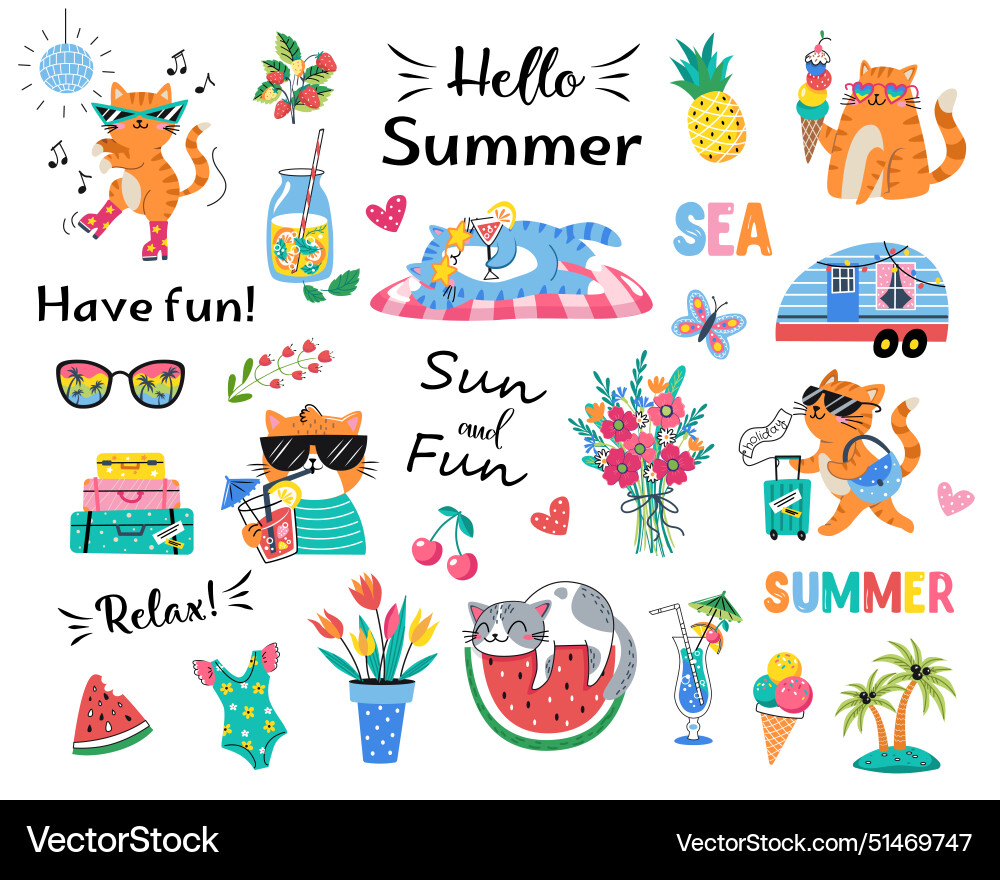 Hello summer cat collection Royalty Free Vector Image