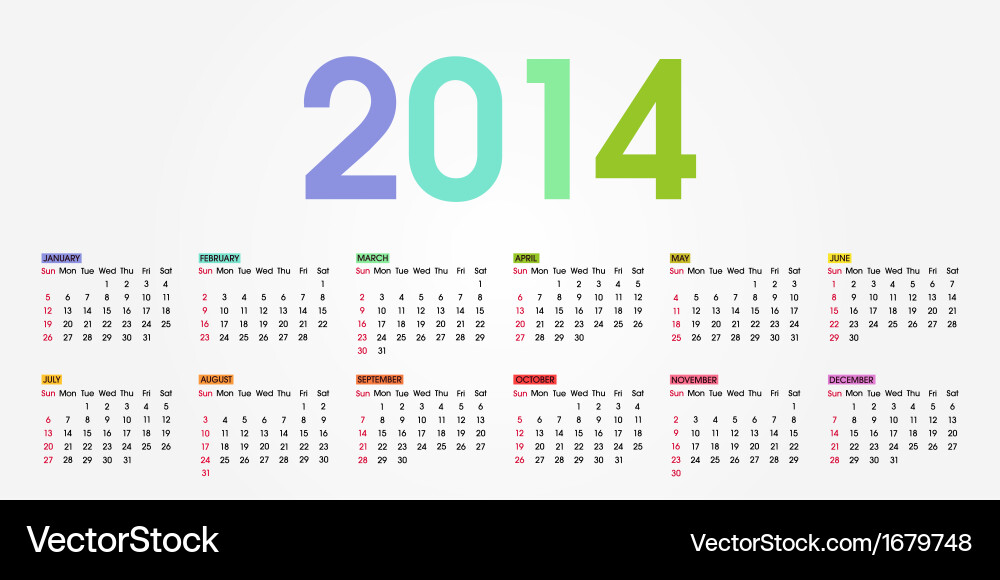 2014 calendar weeks start with sunday Royalty Free Vector