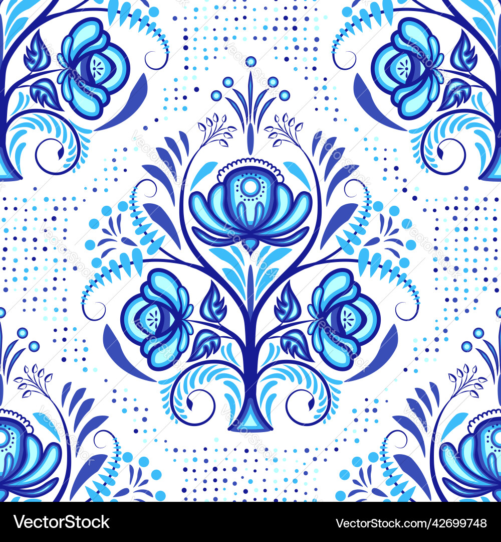 Floral porcelain texture blue seamless pattern Vector Image
