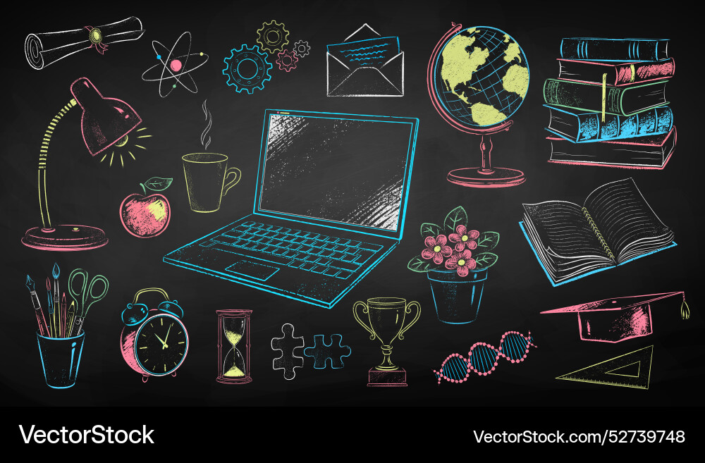 Online education set on chalkboard background Vector Image